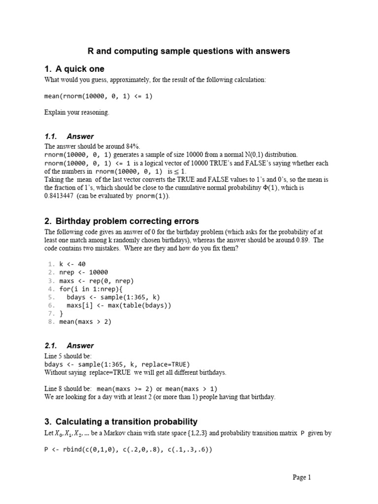 R and Computing Sample Questions With Answers | PDF | Markov Chain ...