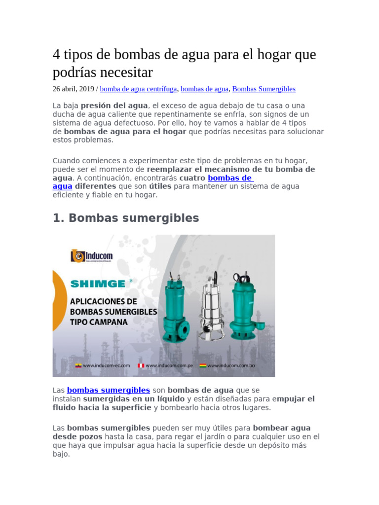 Tipos de bombas de agua para el hogar | PDF | Bomba | Agua