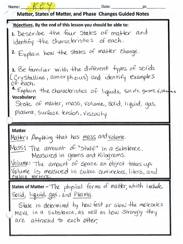 Matter and Phases of Matter Guided Notes Key | PDF | Physical Phenomena ...