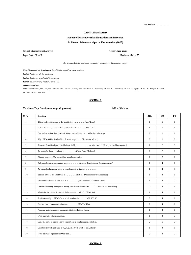 B. Pharm Pharmaceutical Analysis Exam Paper | PDF | Titration | Chemistry