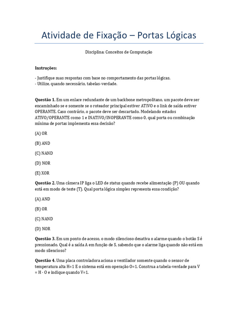 Atividades sobre Portas Lógicas em Computação | PDF | Redes de ...