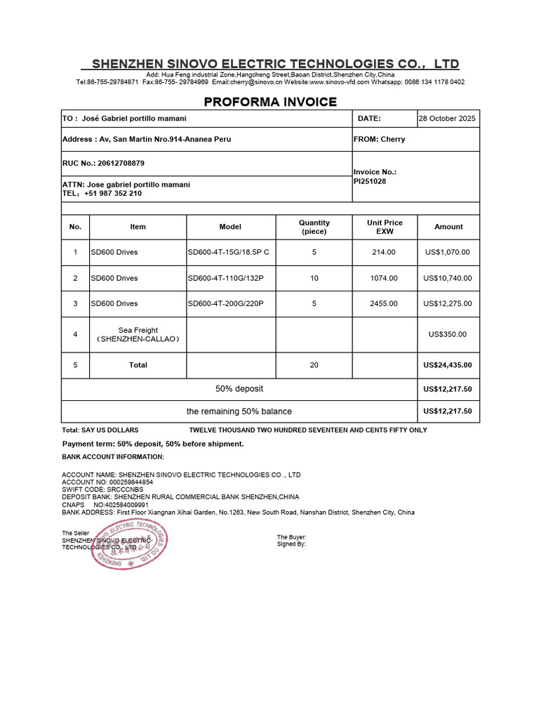 PROFORMA INVOICE From Sinovo-Cherry20251028xlsx | PDF | Invoice