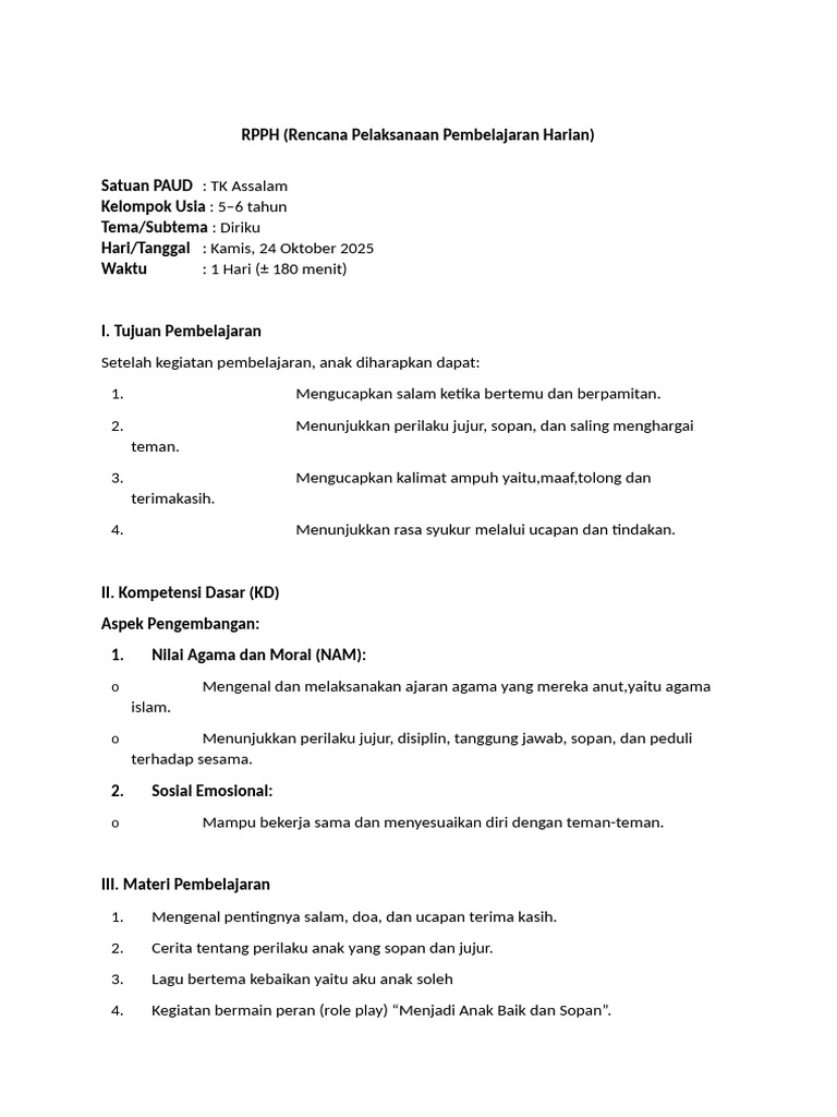 Tugas 1 RPPH TK Assalam Oleh Titin Suprikhatin | PDF