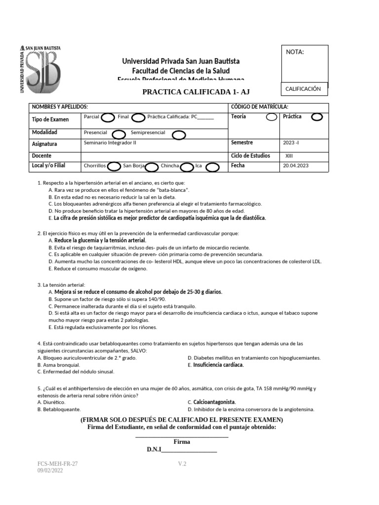 Pc1 BJ-DJ Claves | PDF | Hipertensión | Infarto de miocardio