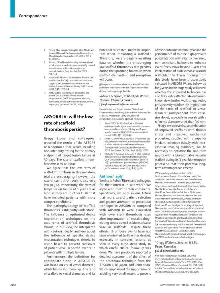 ABSORB IV Will The Low Rate of Scaffold Thrombosi 11 | PDF | Medicine ...