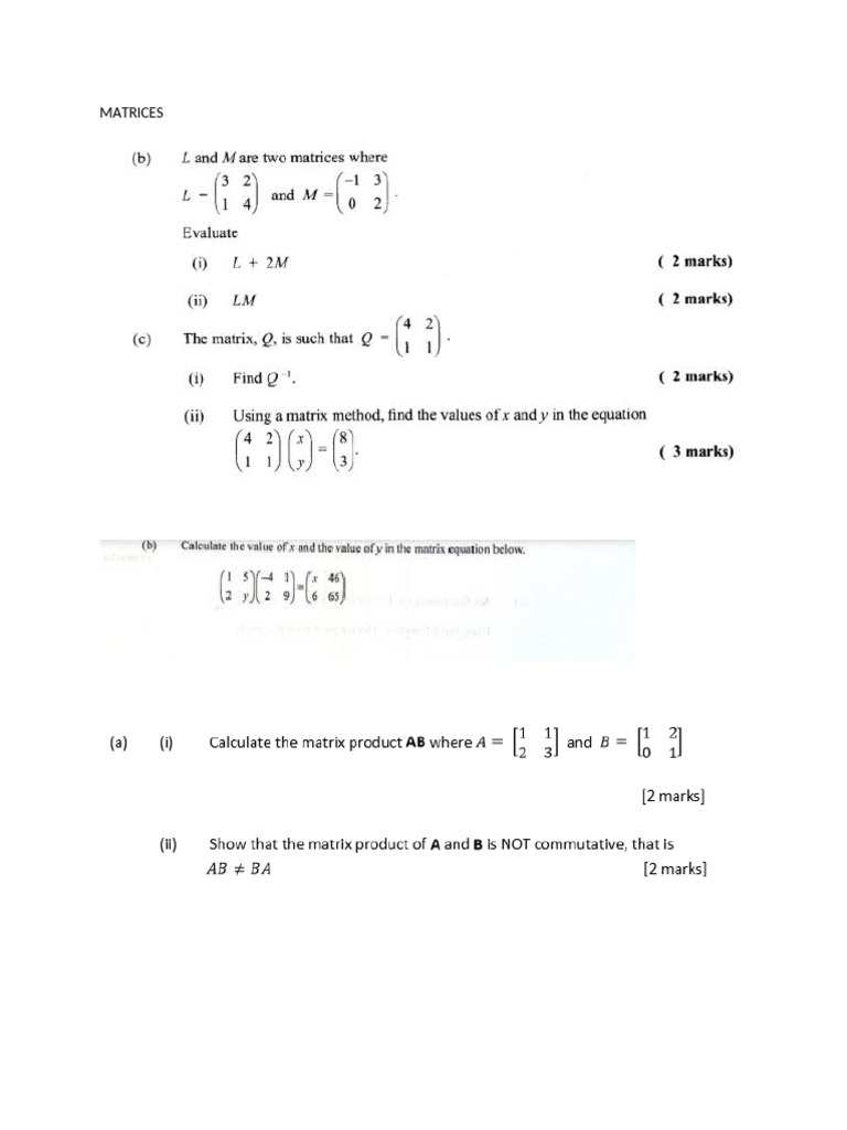 Matrices and Vectors Worksheet | PDF