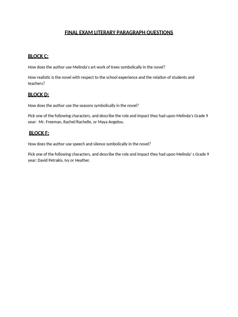 Final Exam Literary Paragraph Questions | PDF