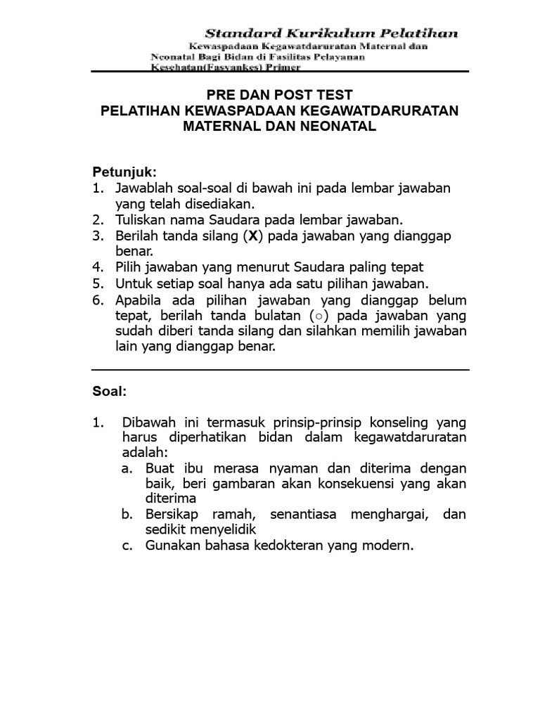 Pre dan Post Test Pelatihan Kewaspadaan Kegawatdaruratan | PDF