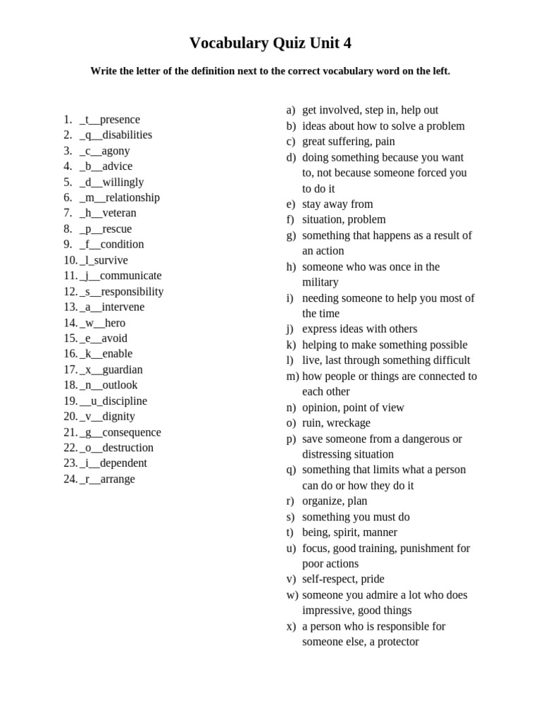 Vocabulary Quiz Unit 4 Answers | PDF | Chess | Chess Theory