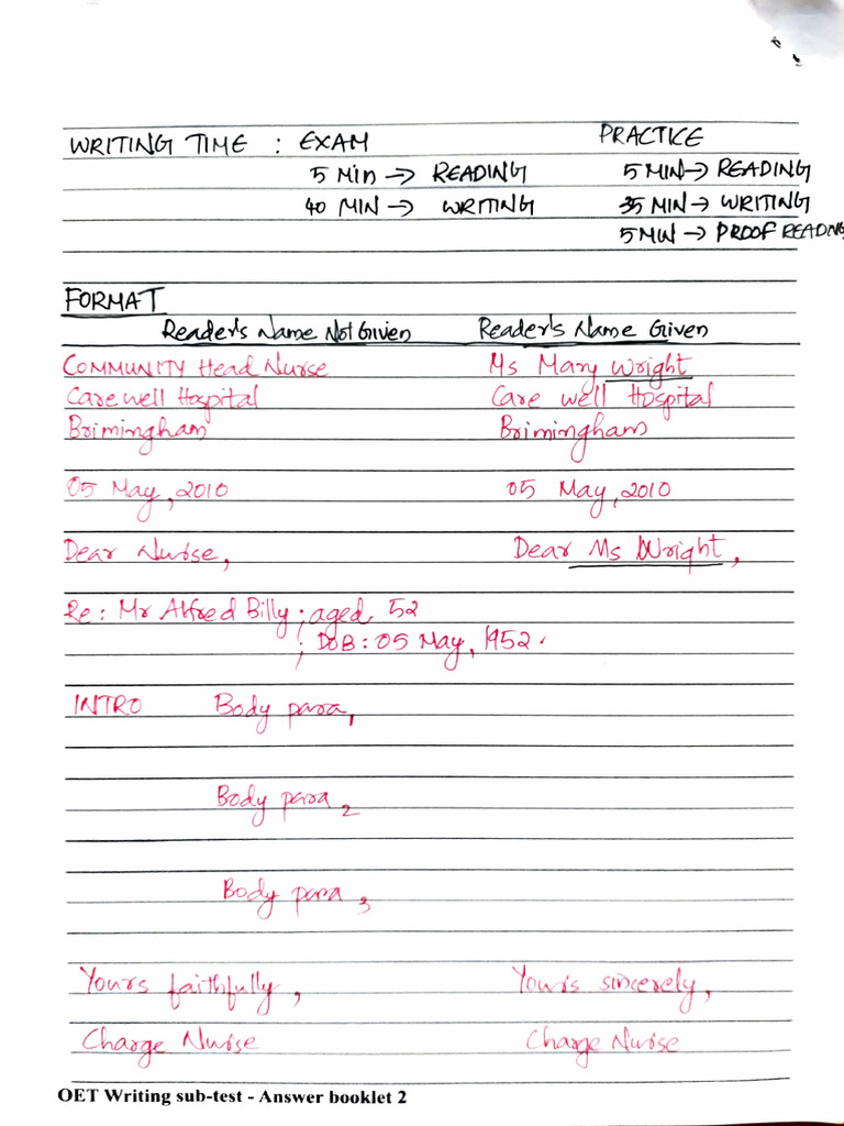 OET Writing Sub-Test Answer Booklet | PDF