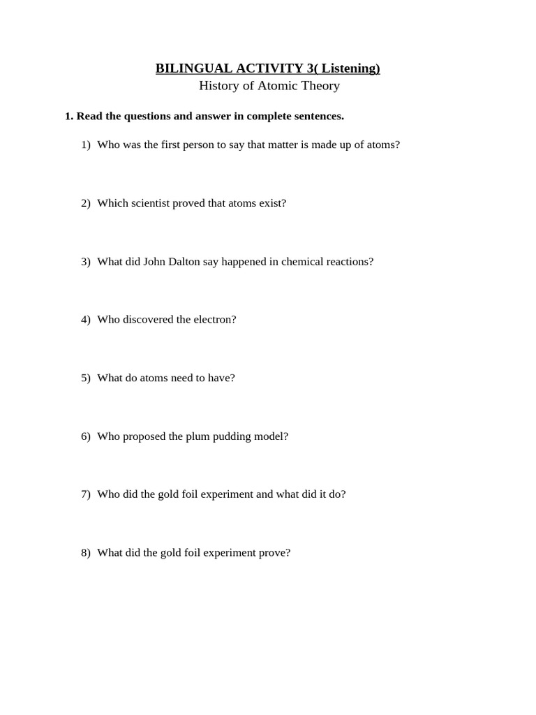 Atomic Theory History Quiz and Activities | PDF
