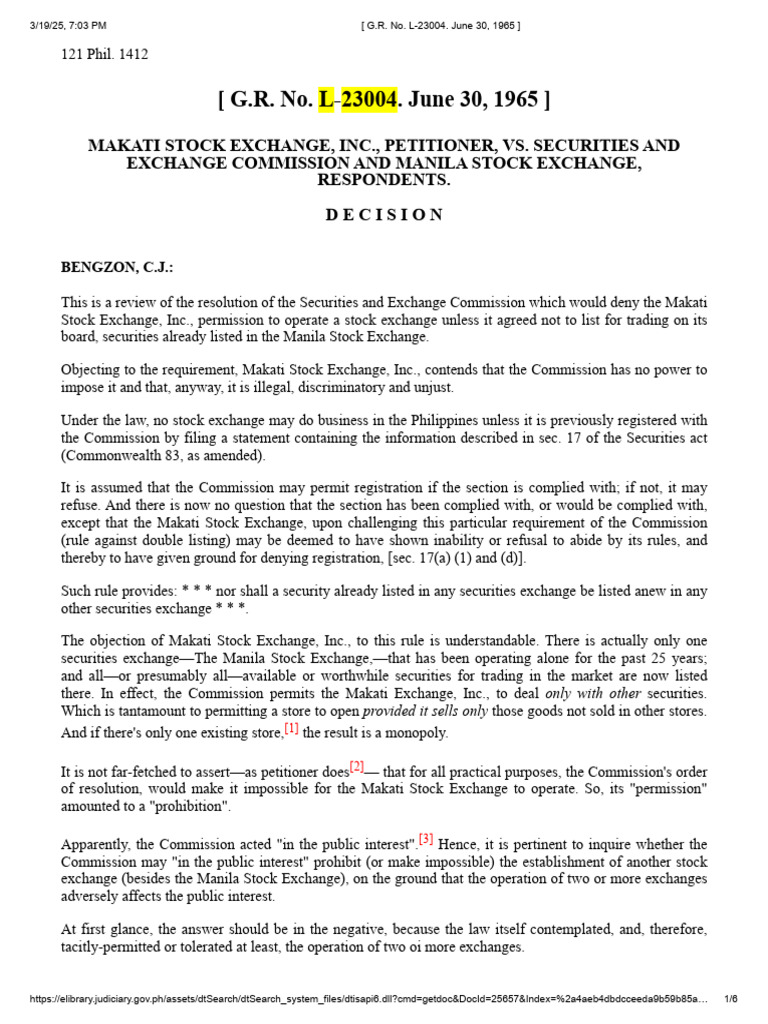 1.) Makati Stock Exchange vs. SEC | PDF | Stocks | Securities (Finance)