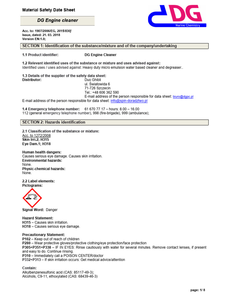 DG Engine Cleaner Safety Data Sheet | PDF | Safety | Occupational ...