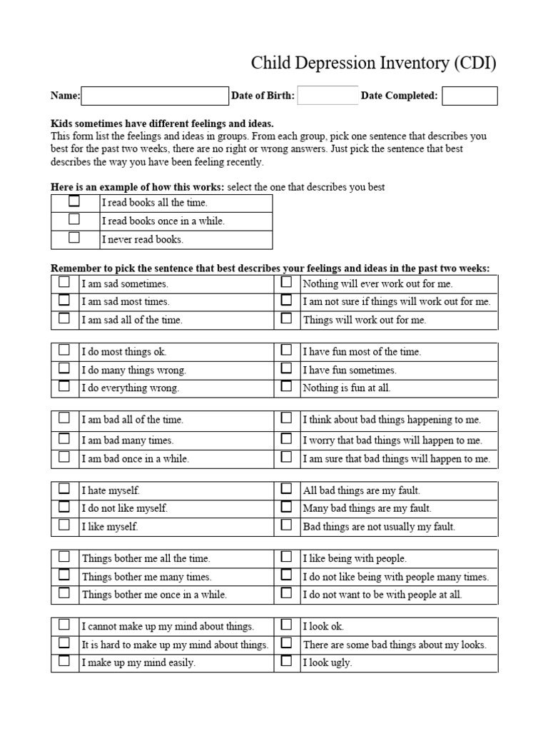 Child Depression Inventory Questionnaire | PDF