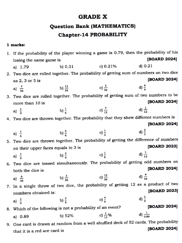 Class 10 Maths Standard Probability | PDF | Probability | Dice