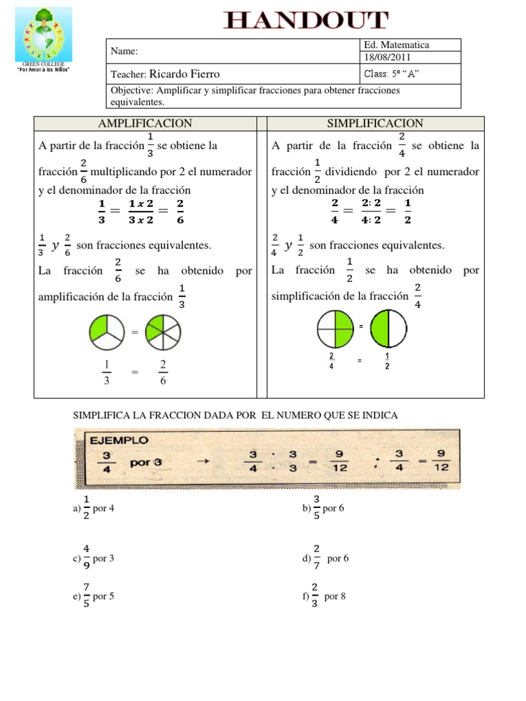 Hoja De Trabajo Para Simplificar Fracciones Impropias Fracciones