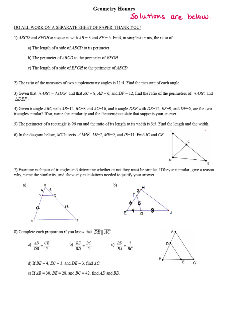 Geometry Chapter 7 Review Handout | PDF | Triangle | Length