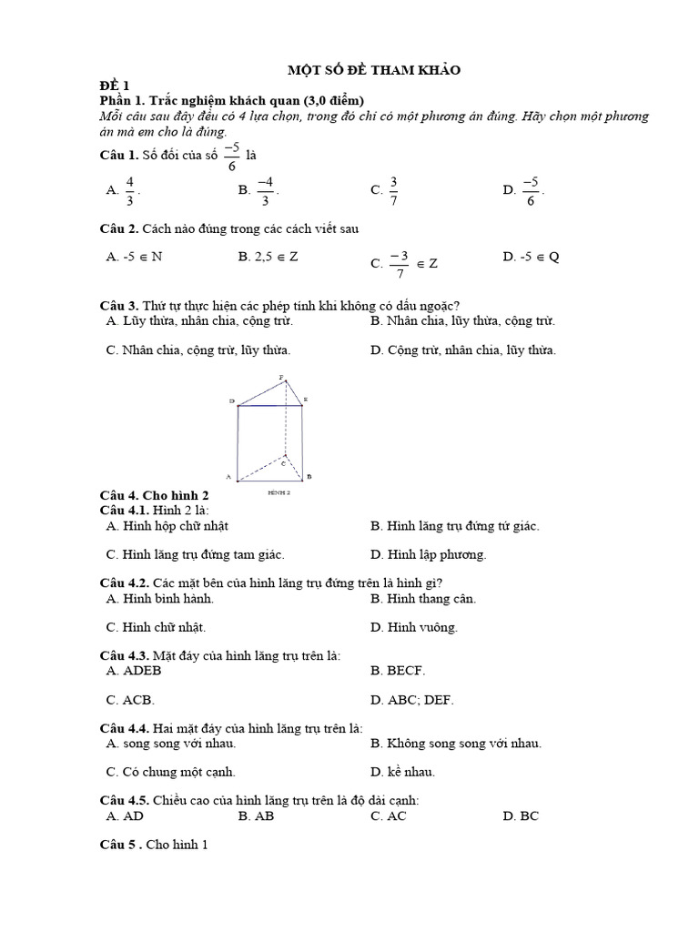 Một Số Đề Tham Khảo Thi Giữa Học Kì 1 Môn Toán Lớp 7 | PDF