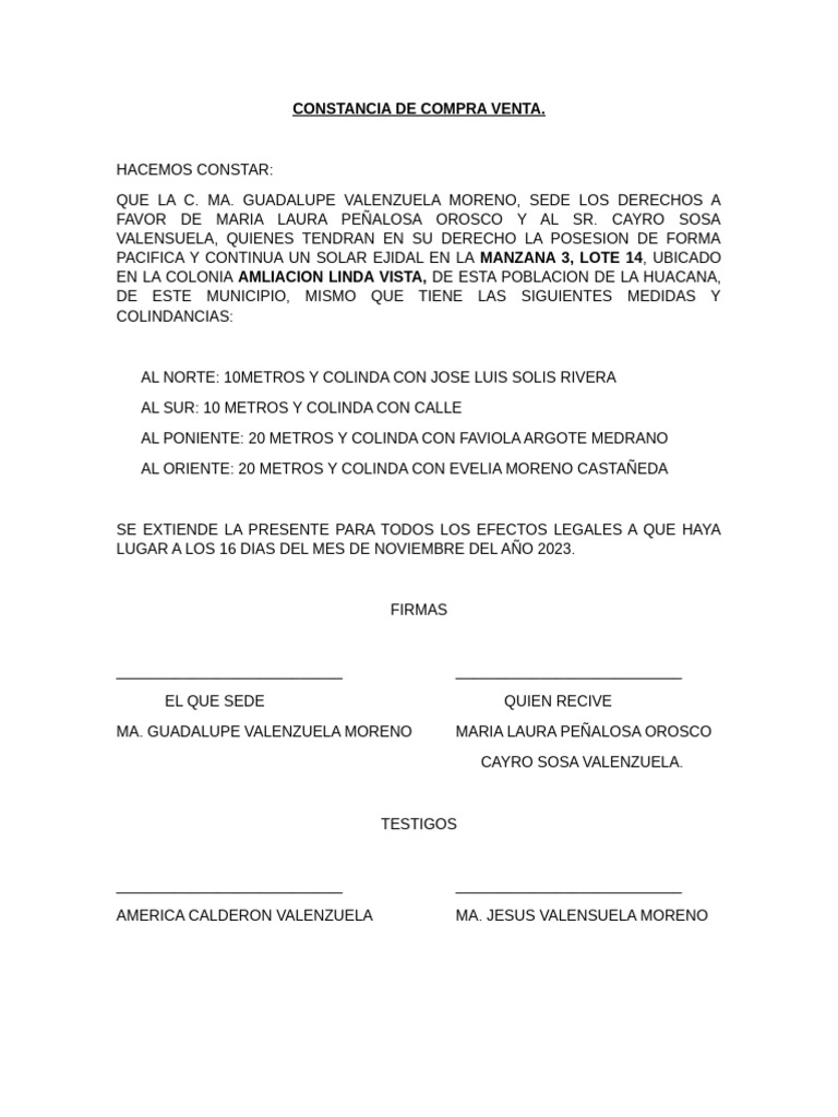 Constancia de Compra Venta de Solar Ejidal | PDF