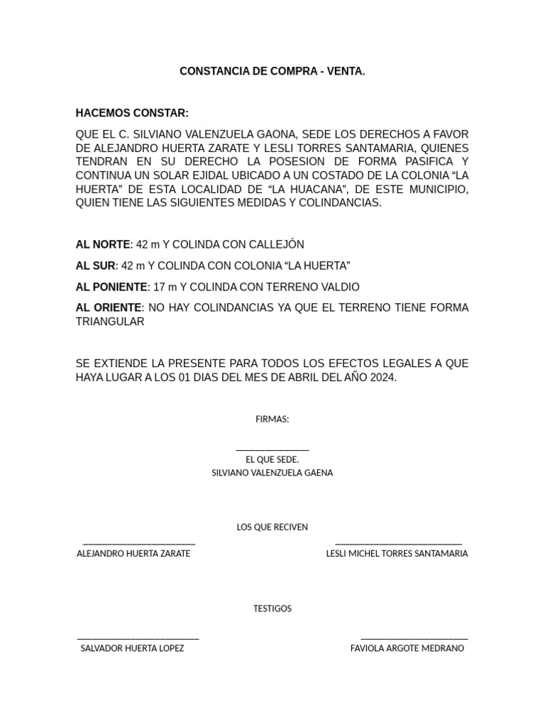 Constancia de Compra-Venta de Solar Ejidal | PDF