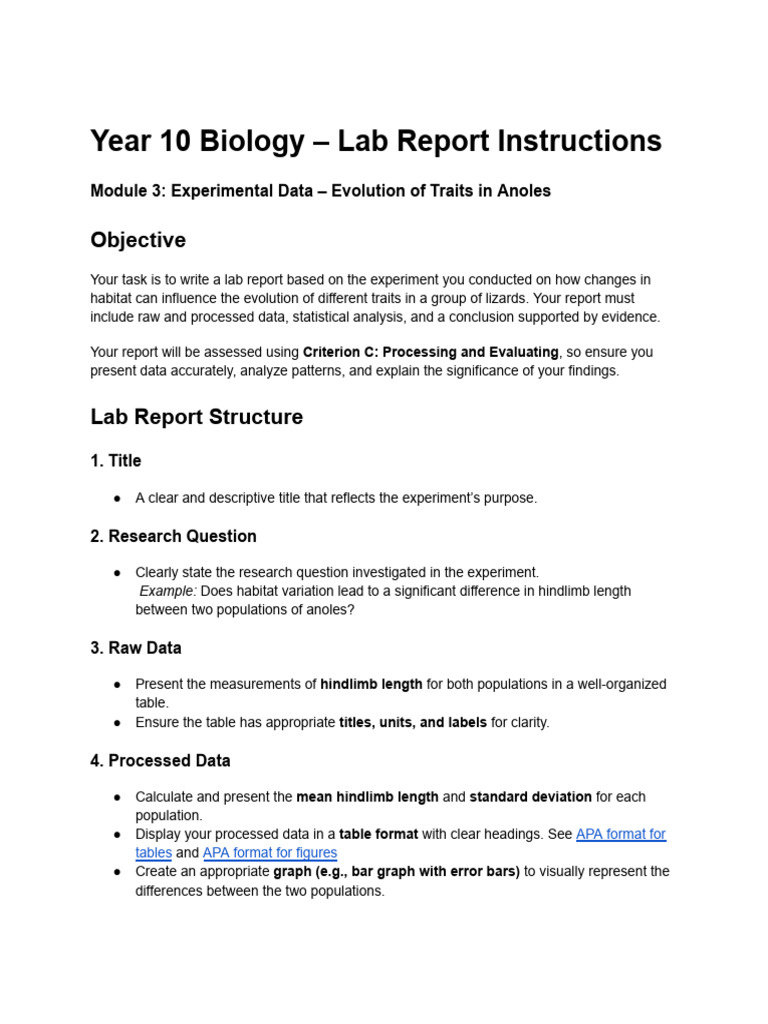Year 10 Anoles Lab Report Guide | PDF | Data | Experiment