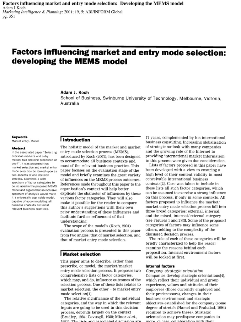 Factors Influencing Market and Entry Mode Selection | PDF | Strategic ...