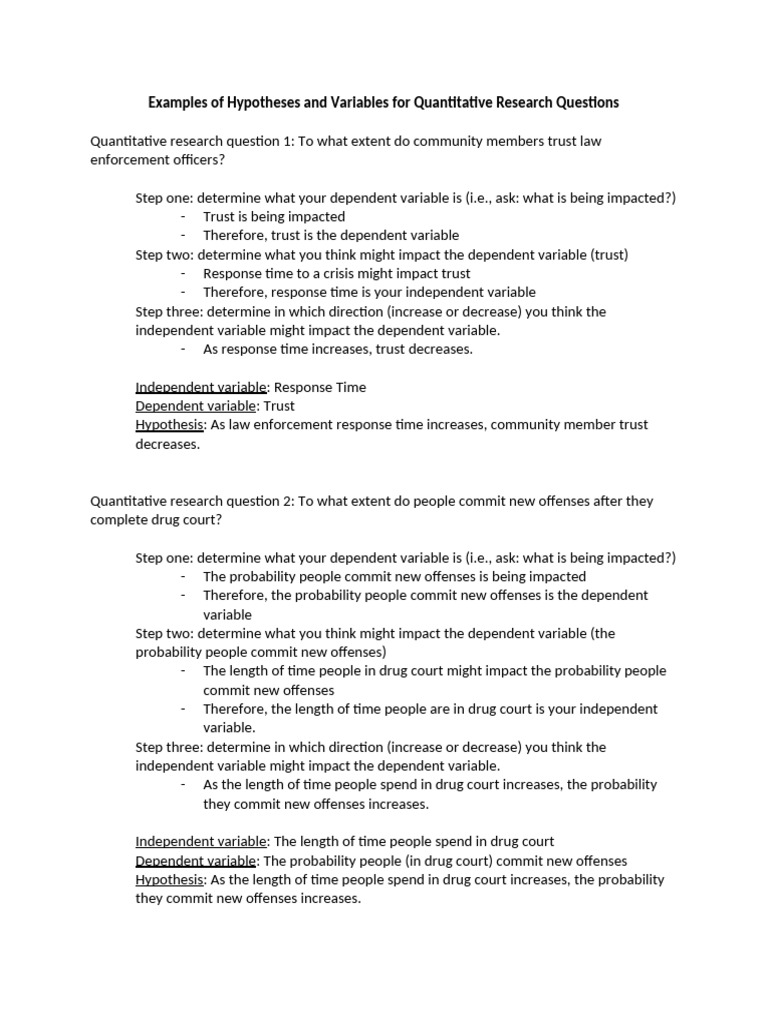 Examples of Hypotheses and Variables For Quantitative Research ...