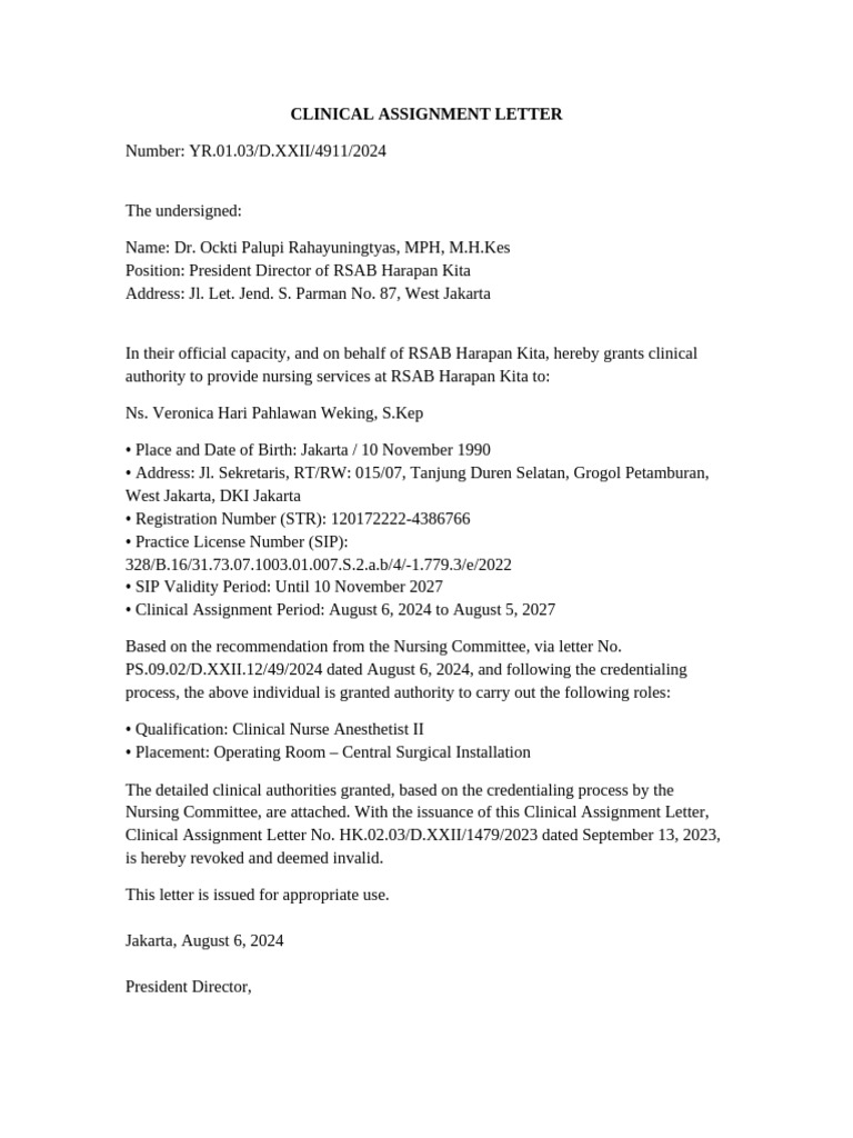 Clinical Assignment Letter With Attachment Ns Veronica 2024 | PDF ...