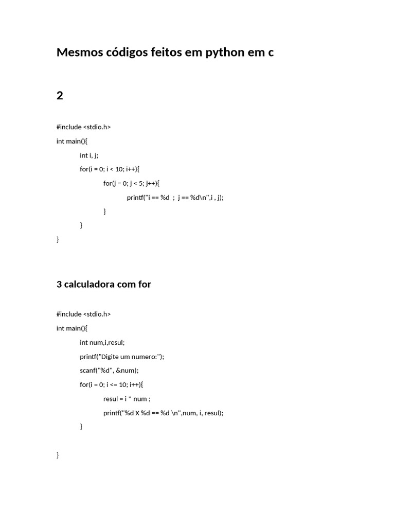 Códigos em Python e C: Exemplos Práticos | PDF