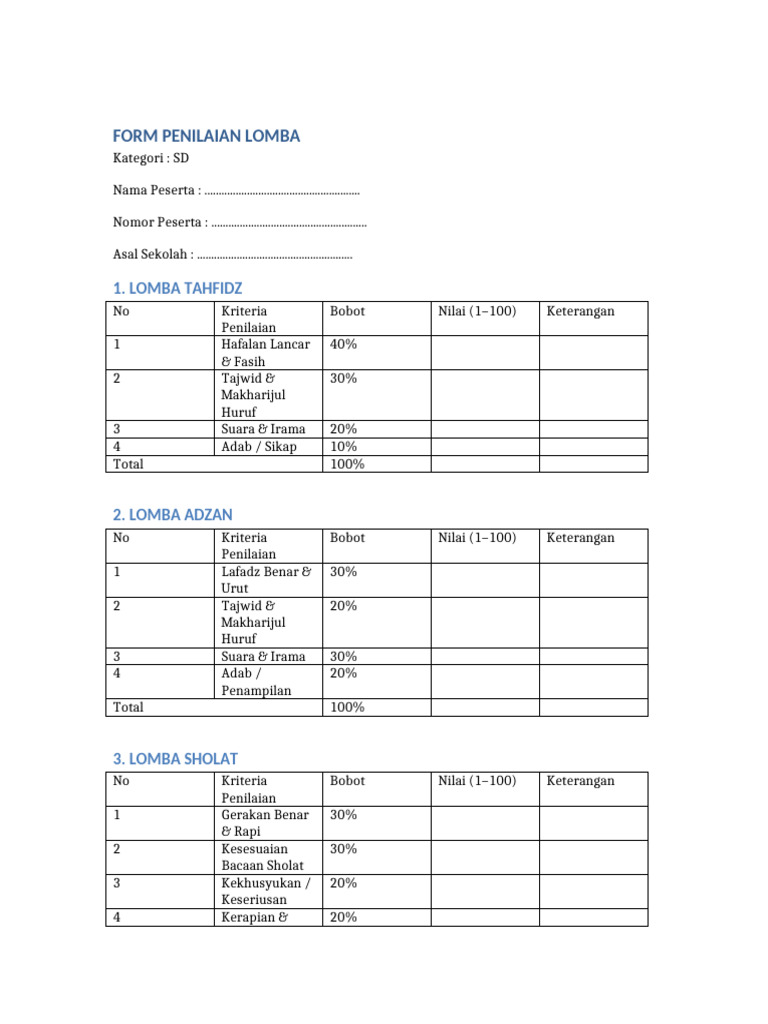 Form Penilaian Lomba SD Tahfidz dan Adzan | PDF