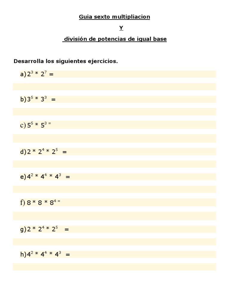 Hojas De Trabajo De Multiplicación Y División De Potencias