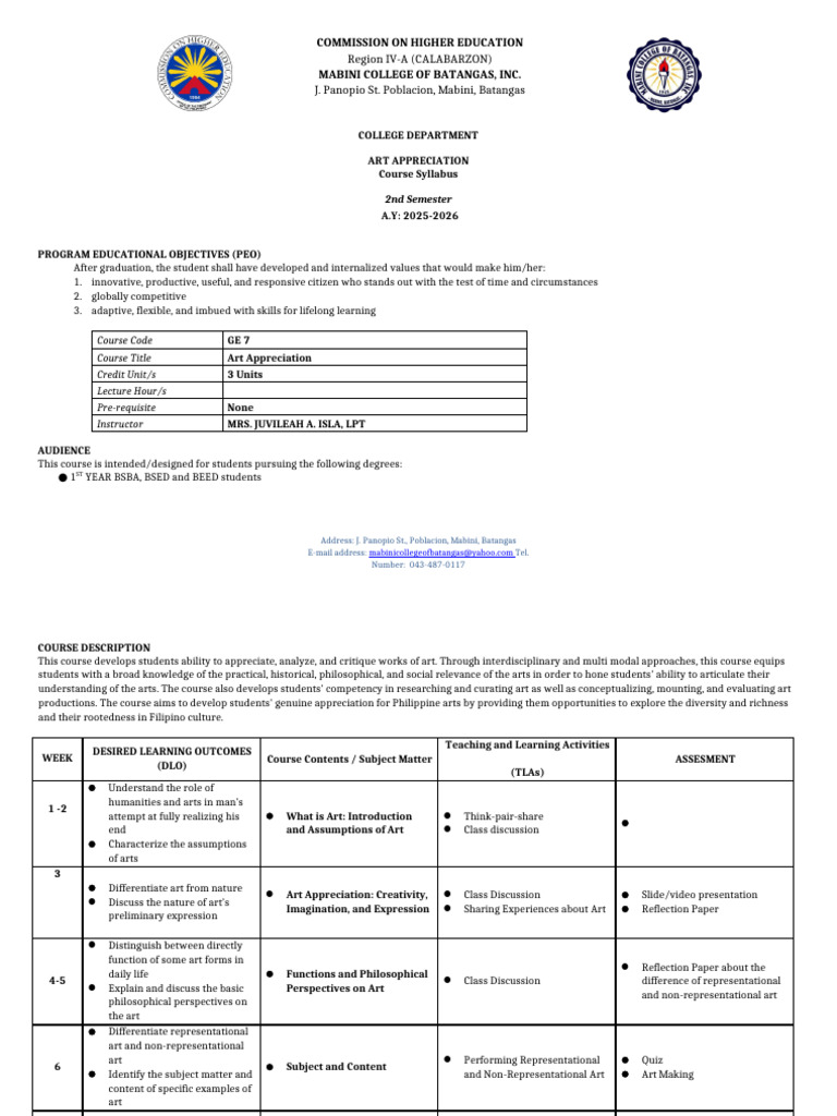 Art Appreciation - Syllabus | PDF | Liberal Arts Education