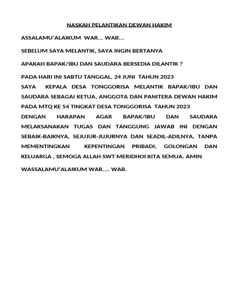 Naskah Pelantikan Dewan Hakim MTQ 2023 | PDF