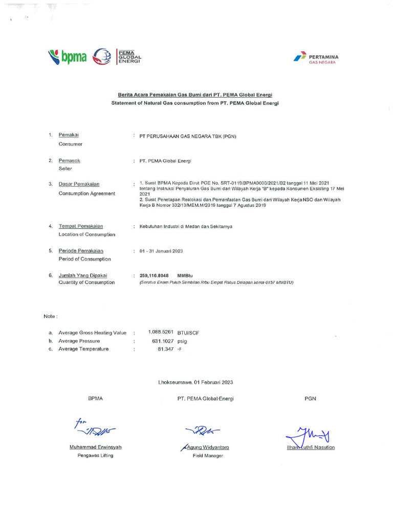 BA Billing Gas PGN - Industri Medan - Januari 2023 | PDF