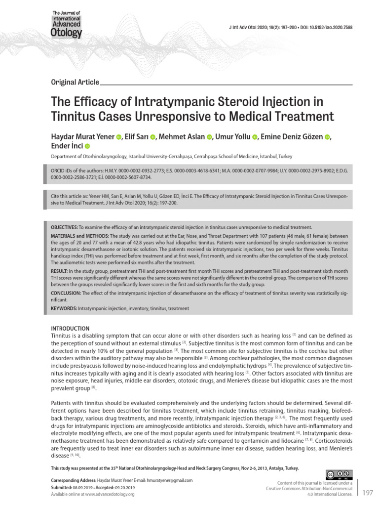 The Efficacy of Intratympanic Steroid Injection in Tinnitus Cases ...