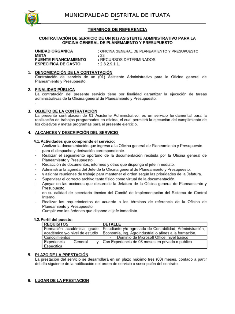 TDR - Personal Contratación Por Locación ASSITENTE OPP 2024 (2) | PDF | Presupuesto | Planificación