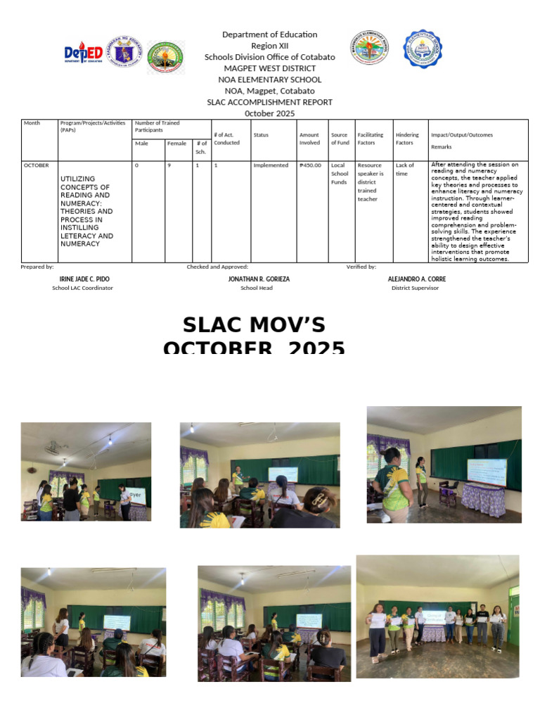 SEPTEMBER NOA-ES-SLAC--2025-ACCOMPLISHMENT | PDF | Literacy | Teachers