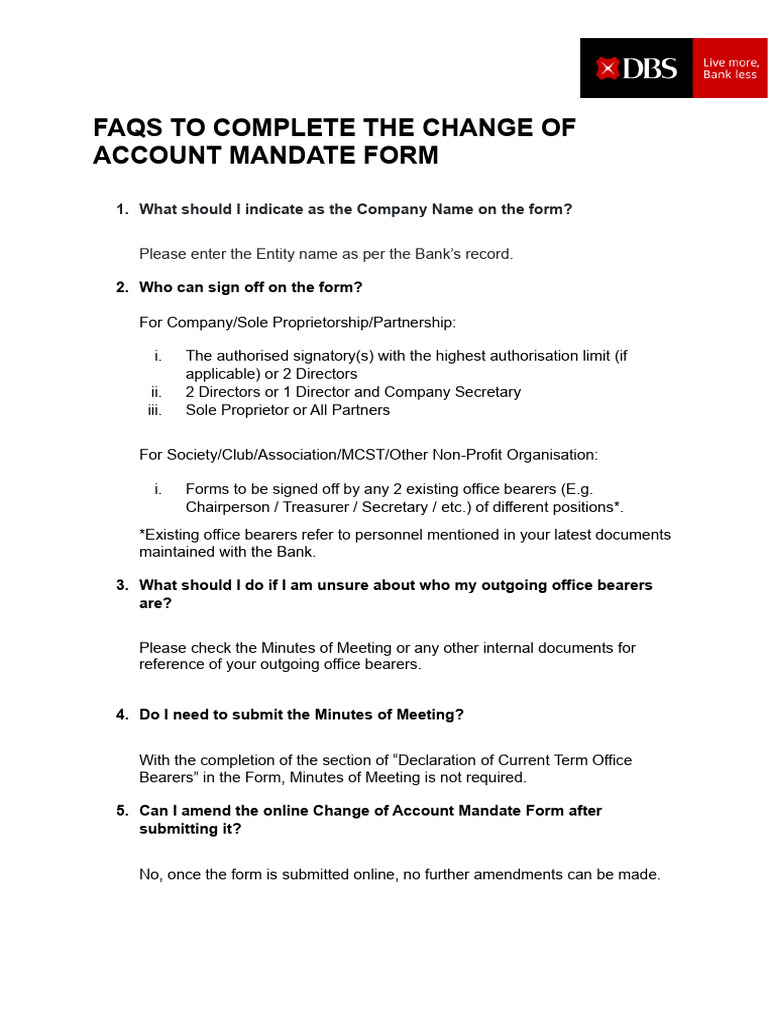 Change of Account Mandate FAQs | PDF