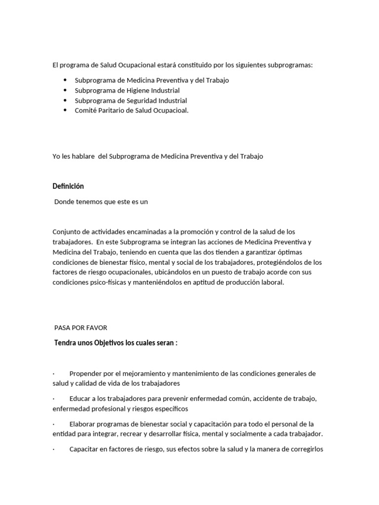 Subprogramas de Salud Ocupacional | PDF | Seguridad y salud ocupacional | Cuidado de la salud