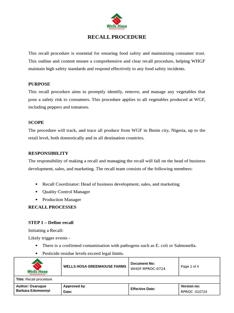 Recall Procedure - RPROC - 010724 | PDF | Food Safety