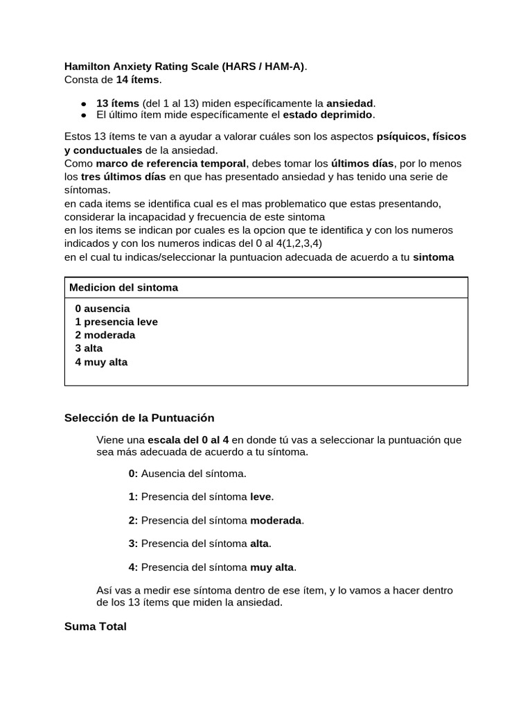 Hamilton Anxiety Rating Scale (HARS - HAM-A) | PDF | Ansiedad | Sicología