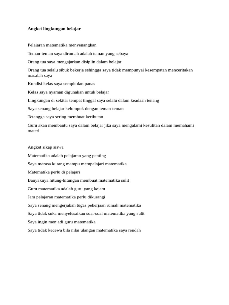Angket Sikap dan Lingkungan Belajar Matematika | PDF