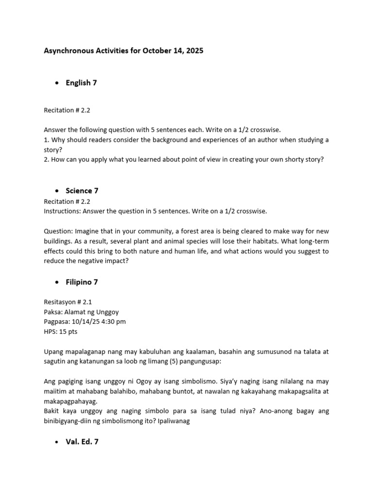 Asynchronous Activities For October 14 | PDF