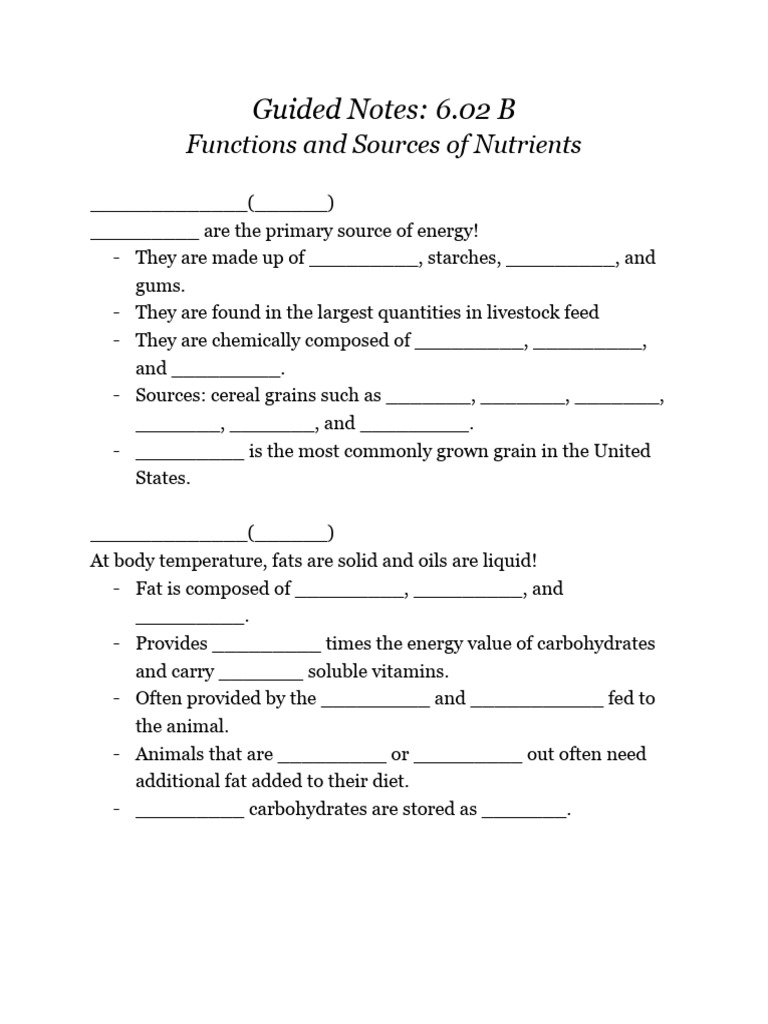 Guided Notes_ 6.02 B Functions and Sources of Nutrients Lesson Plan ...