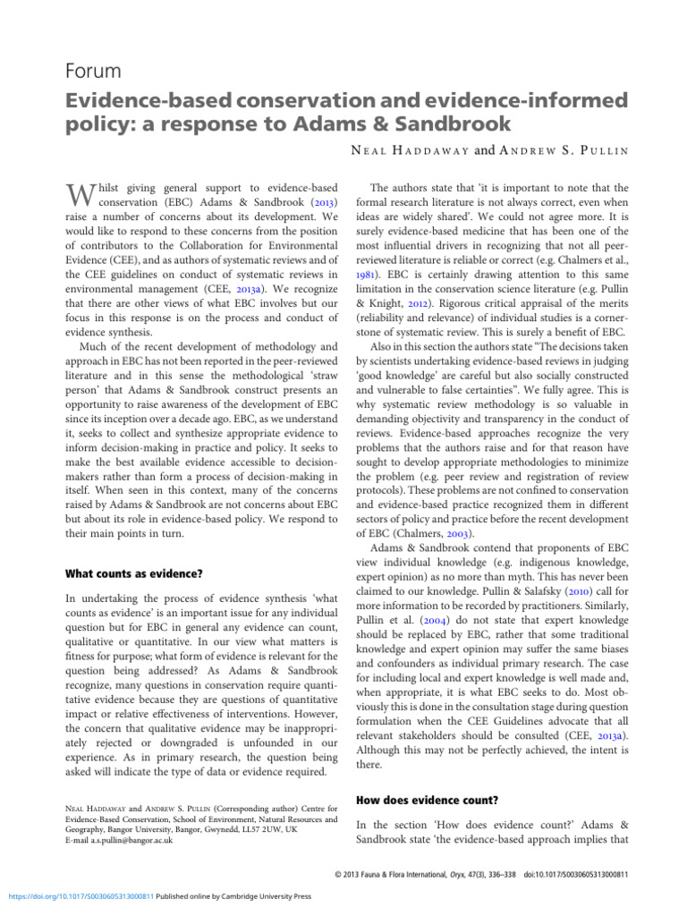Evidence Based Conservation and Evidence Informed Policy A Response To ...