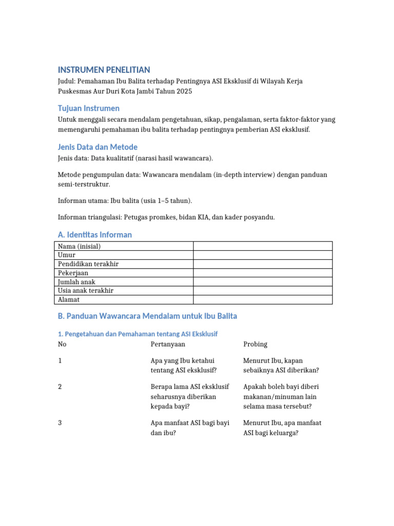 Instrumen Penelitian ASI Eksklusif Aur Duri 2025 | PDF