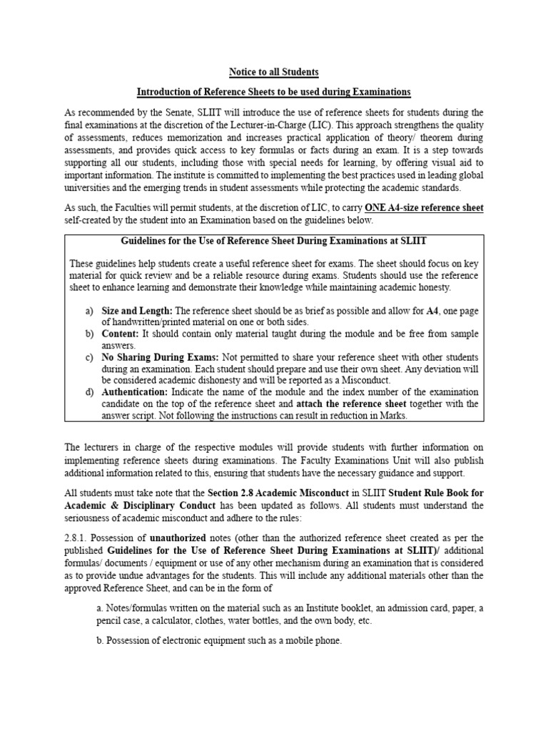 SLIIT Exam Reference Sheet Guidelines | PDF | Academic Dishonesty