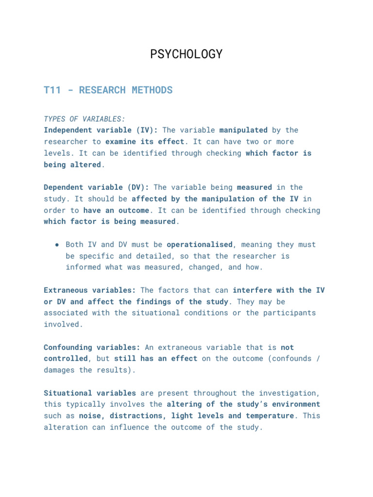 PSYCHOLOGY - Research Methods T | PDF | Hypothesis | Sampling (Statistics)