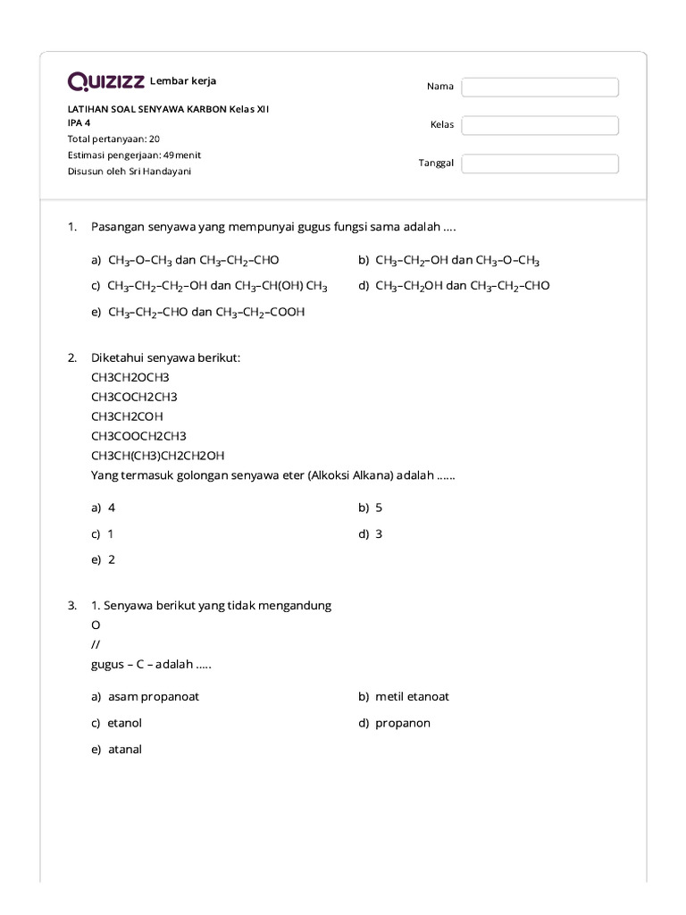 Latihan Soal Senyawa Karbon Kelas Xii Ipa 4 _ Quizizz | PDF