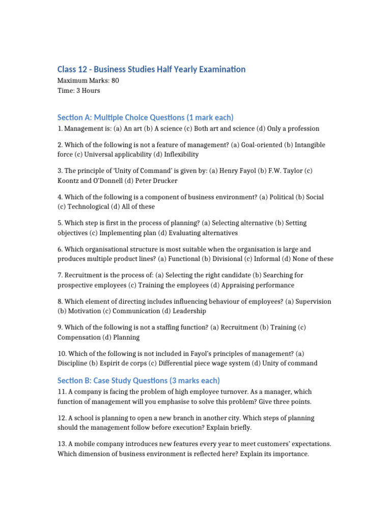 Class 12 Business Studies Exam Guide | PDF | Business Economics | Economies